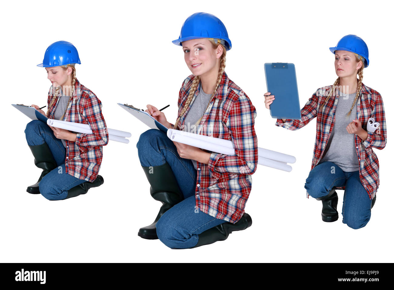 Female architect crouching Stock Photo - Alamy