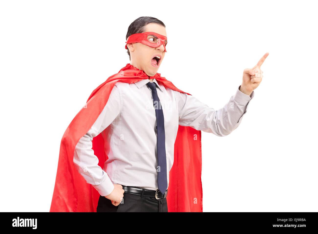 Angry superhero with mask and tie gesturing with his finger isolated on ...