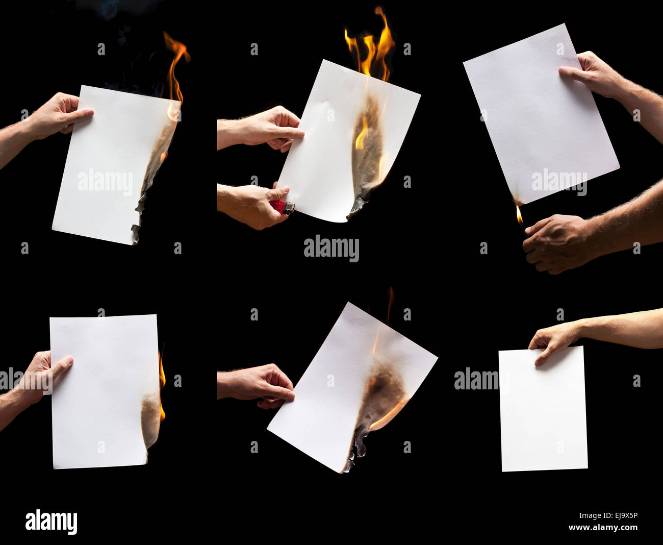 Man hand holding lighter and white burning papers with space for text ...