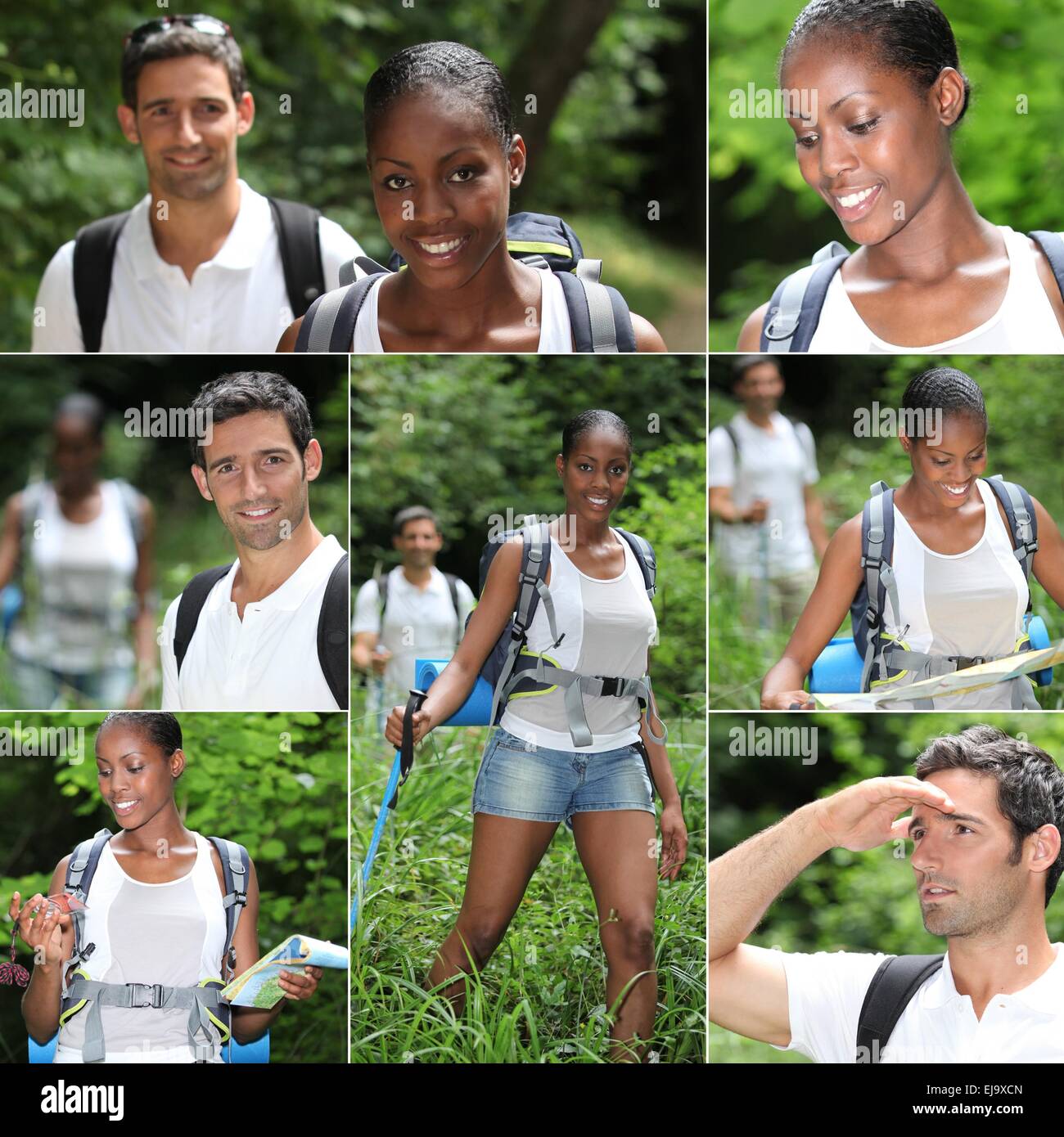 Collage of man and woman hiking Stock Photo - Alamy