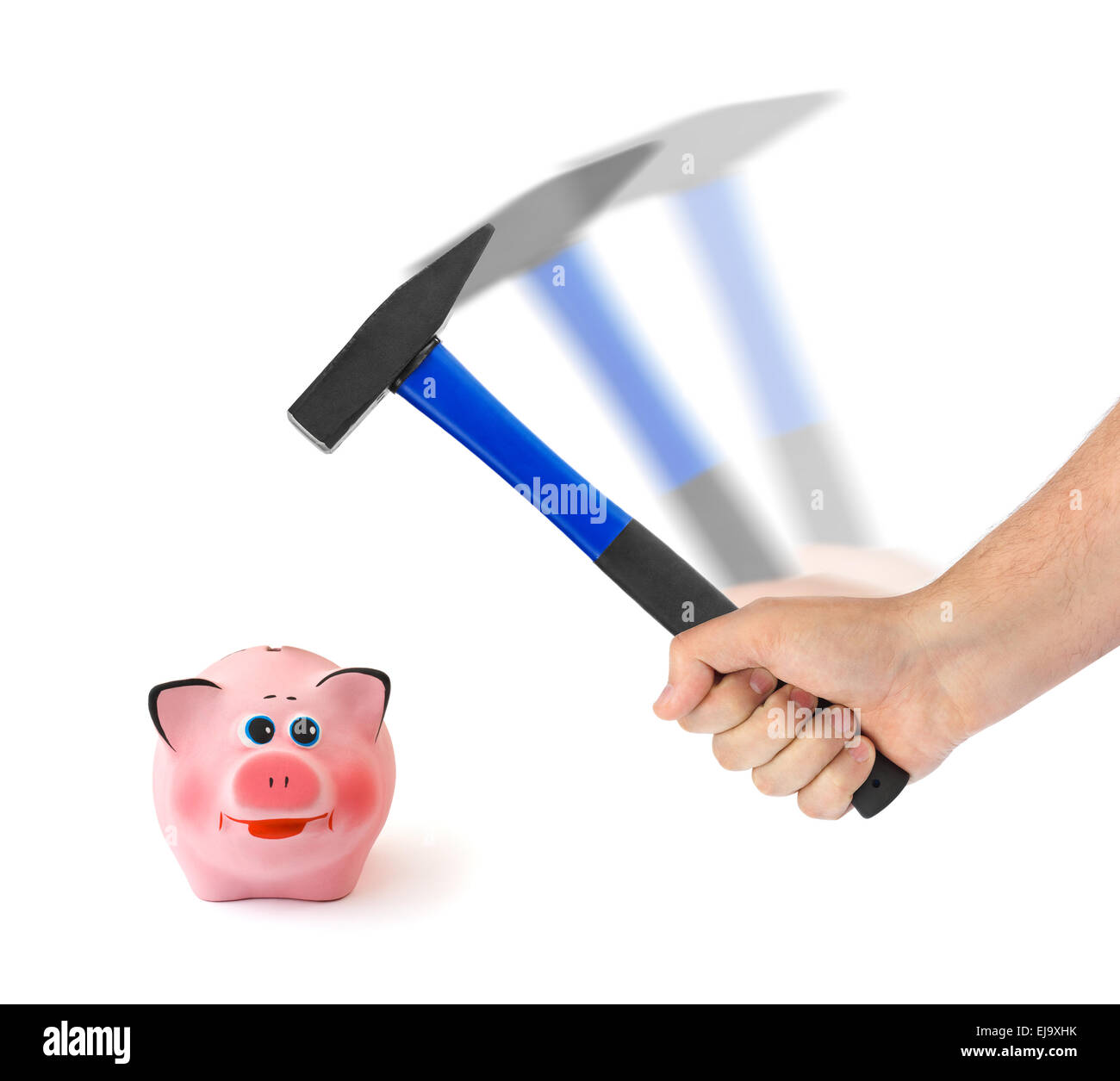 Hand with hammer and piggy bank Stock Photo - Alamy