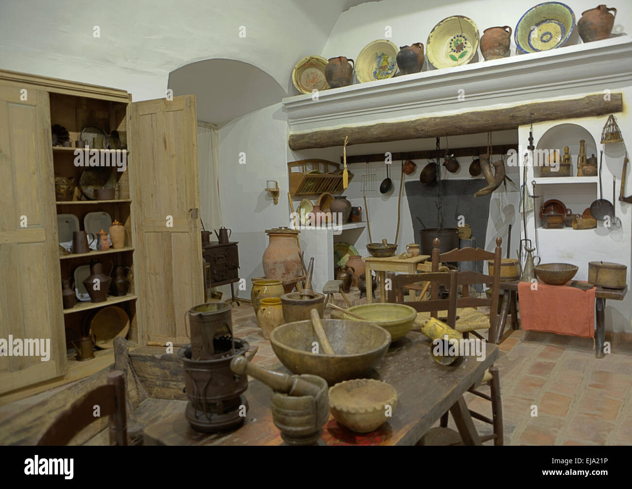 Old kitchen in a primitive rustic style reproduction, Badajoz, Spain ...