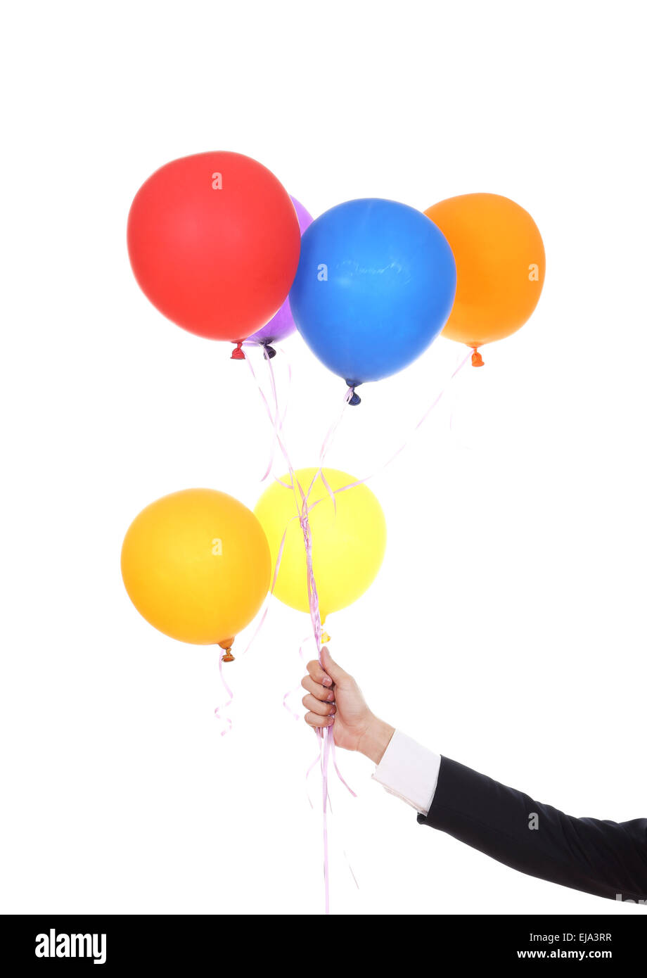 business hand with colorful balloons isolated on a white background ...