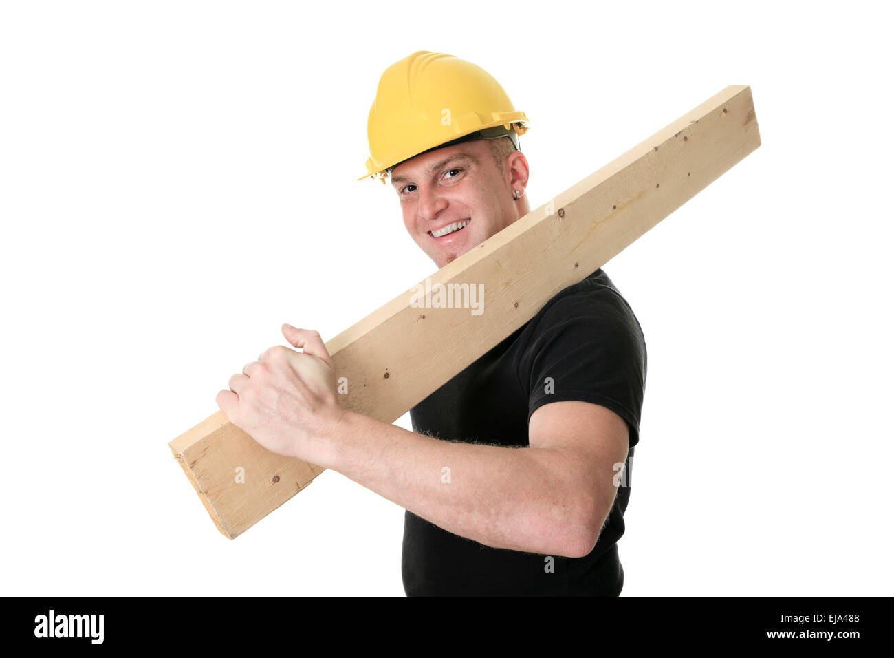 A Carpenter man Holding Wood in studio white background Stock Photo - Alamy