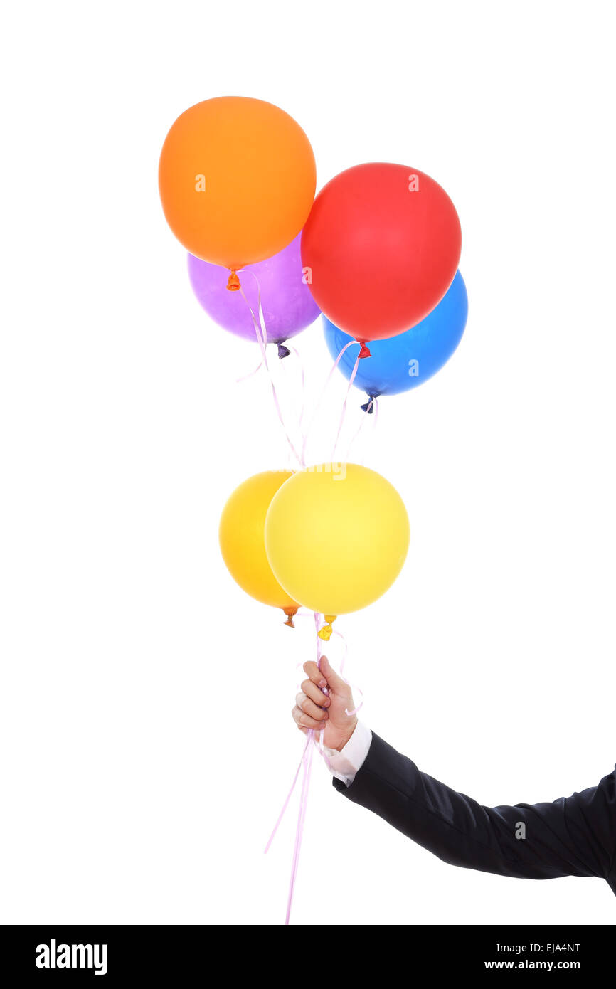 business hand with colorful balloons isolated on a white background ...