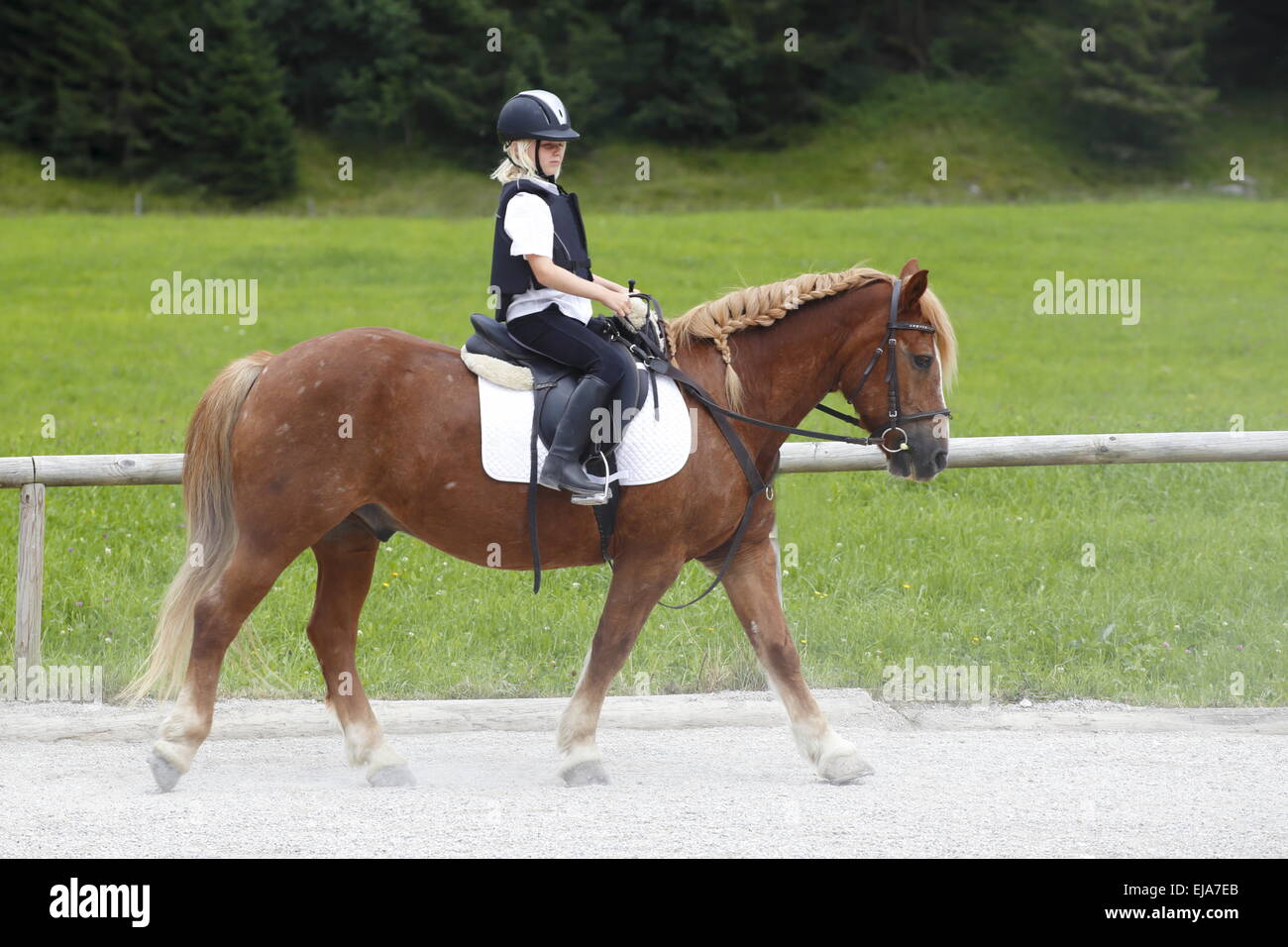 Blond girl riding horse hi-res stock photography and images - Alamy