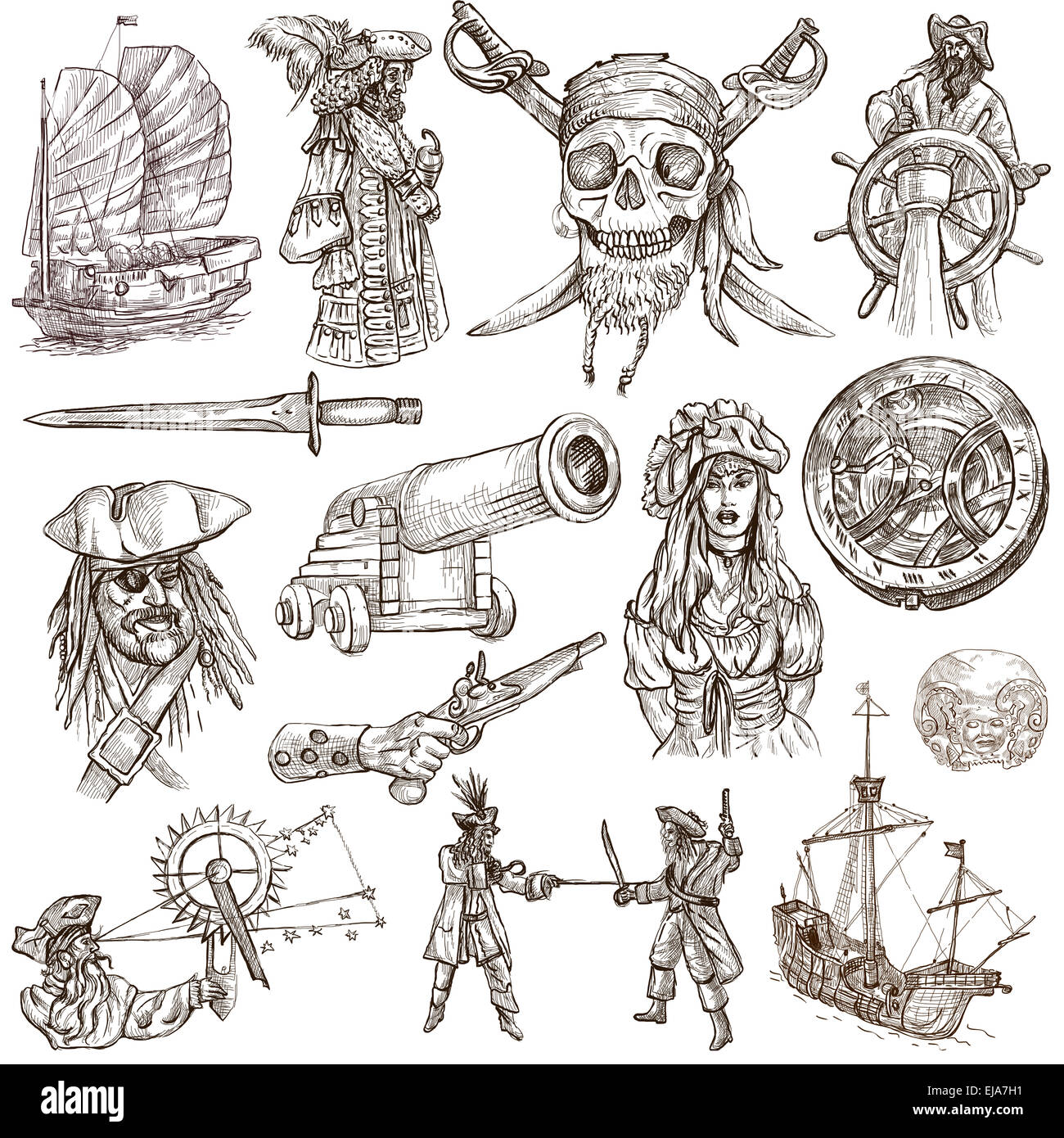 Pirates, Buccaneers and Sailors - Collection (no.2) of an hand drawn ...