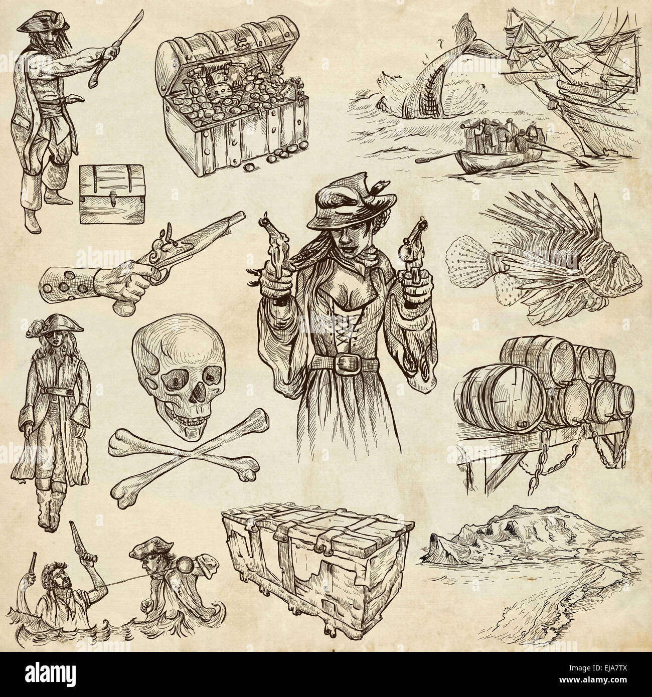 Pirates, Buccaneers and Sailors - Collection (no.6) of an hand drawn ...
