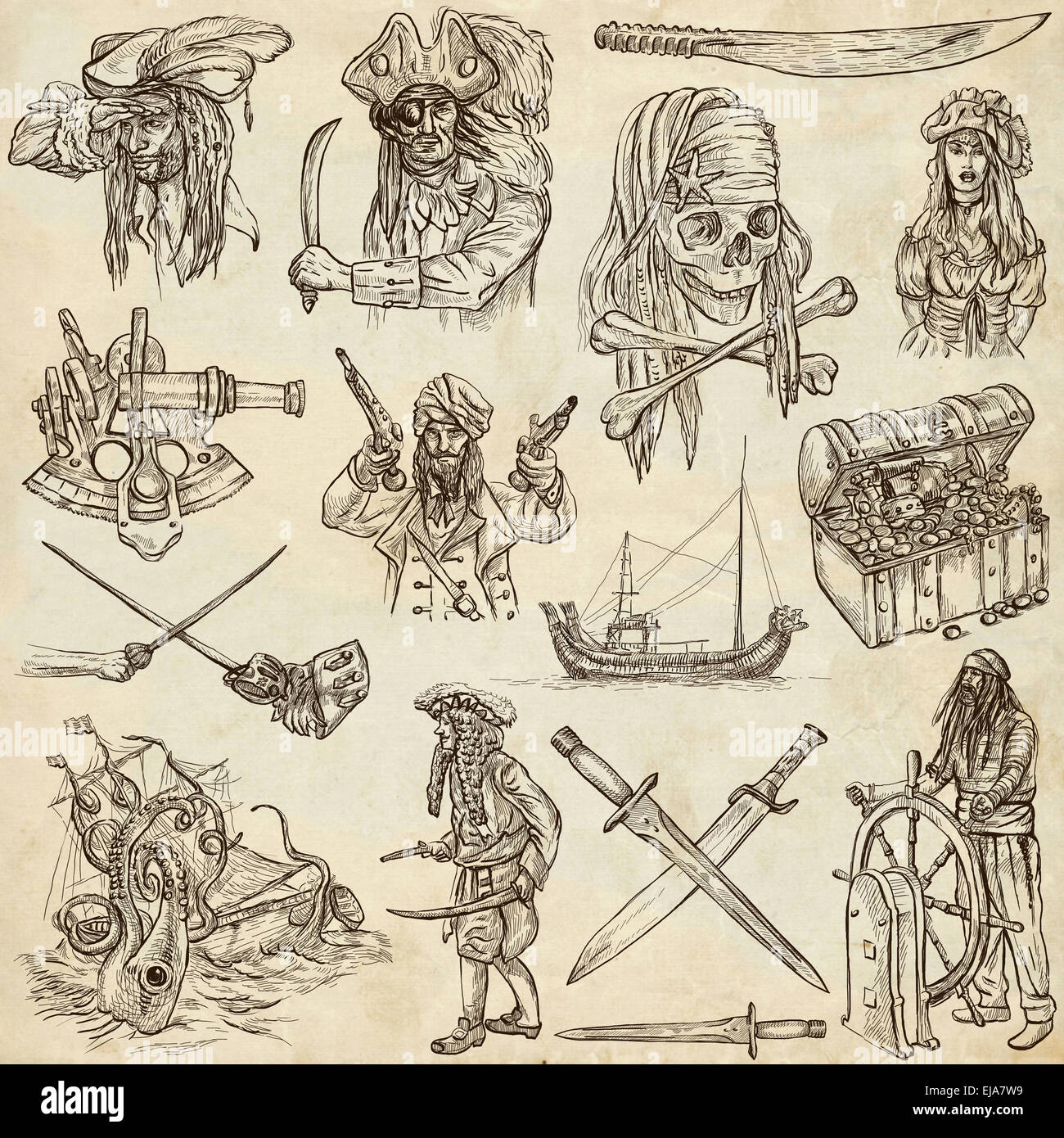 Pirates, Buccaneers and Sailors - Collection (no.4) of an hand drawn ...