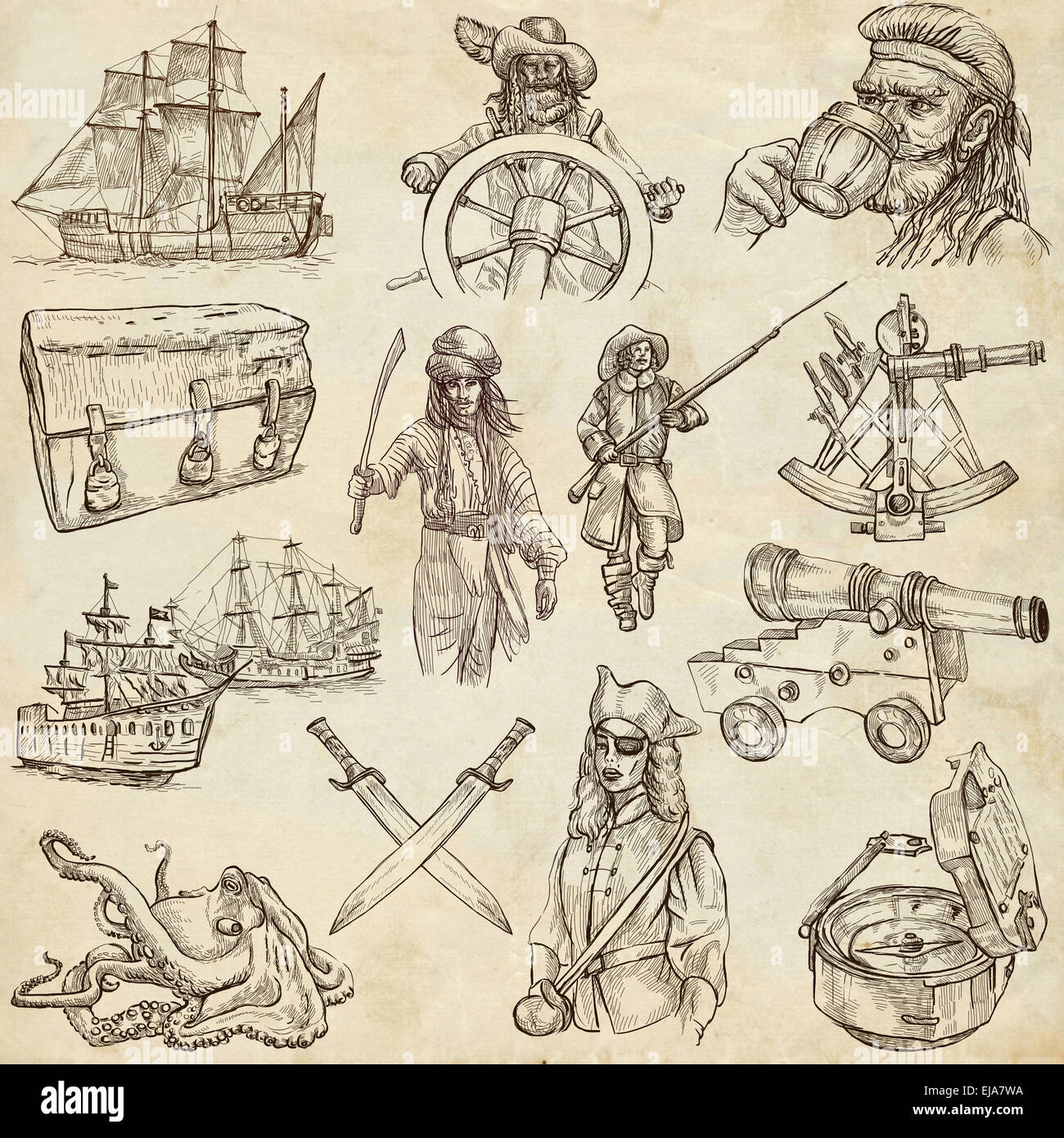 Pirates, Buccaneers and Sailors - Collection (no.3) of an hand drawn ...