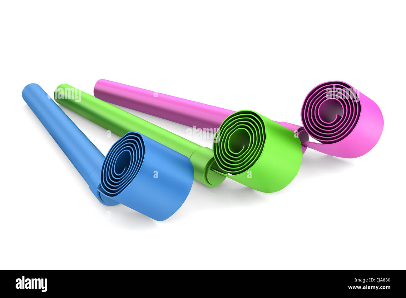 three color party whistles isolated on white background Stock Photo - Alamy