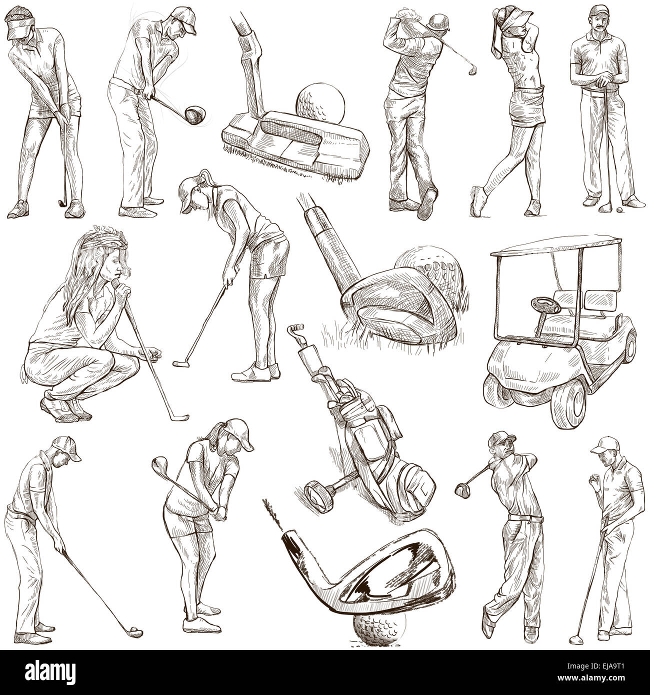GOLF, Golfers, Golf impact positions and Golf Equipment. Collection of ...