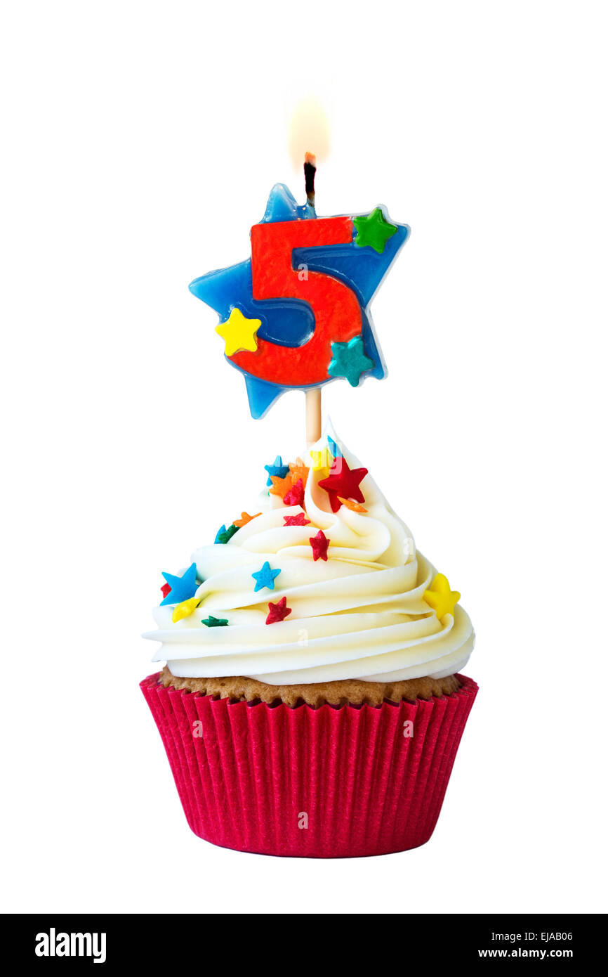 Cupcake with number five candle Stock Photo - Alamy