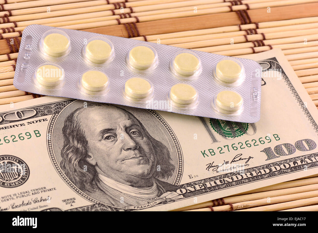 Pills and american money close-up background Stock Photo - Alamy