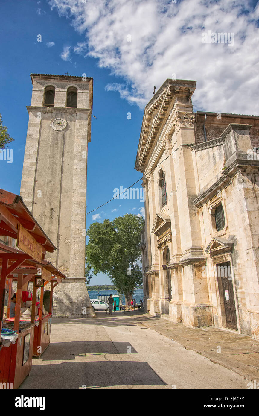 City of Pula street market near cathedral and bell tower in summer ...