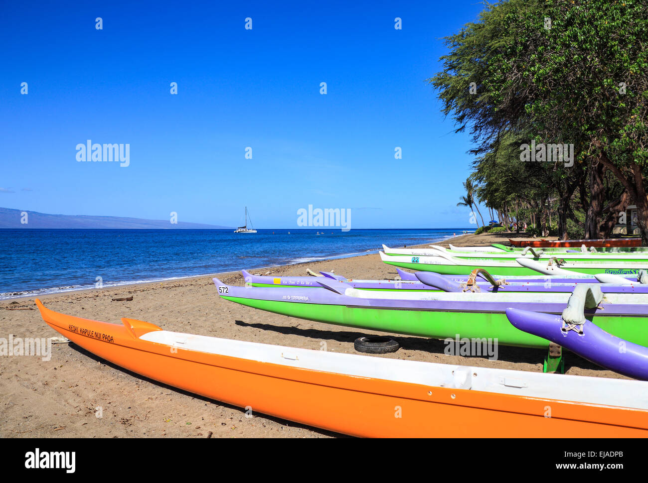 Outrigger canoes at Canoe Beach, viewed looking north toward Kaanapali ...