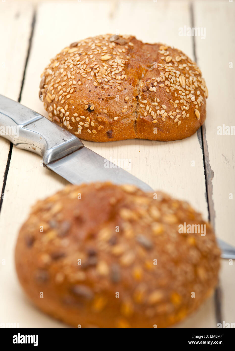 organic bread over rustic table Stock Photo - Alamy