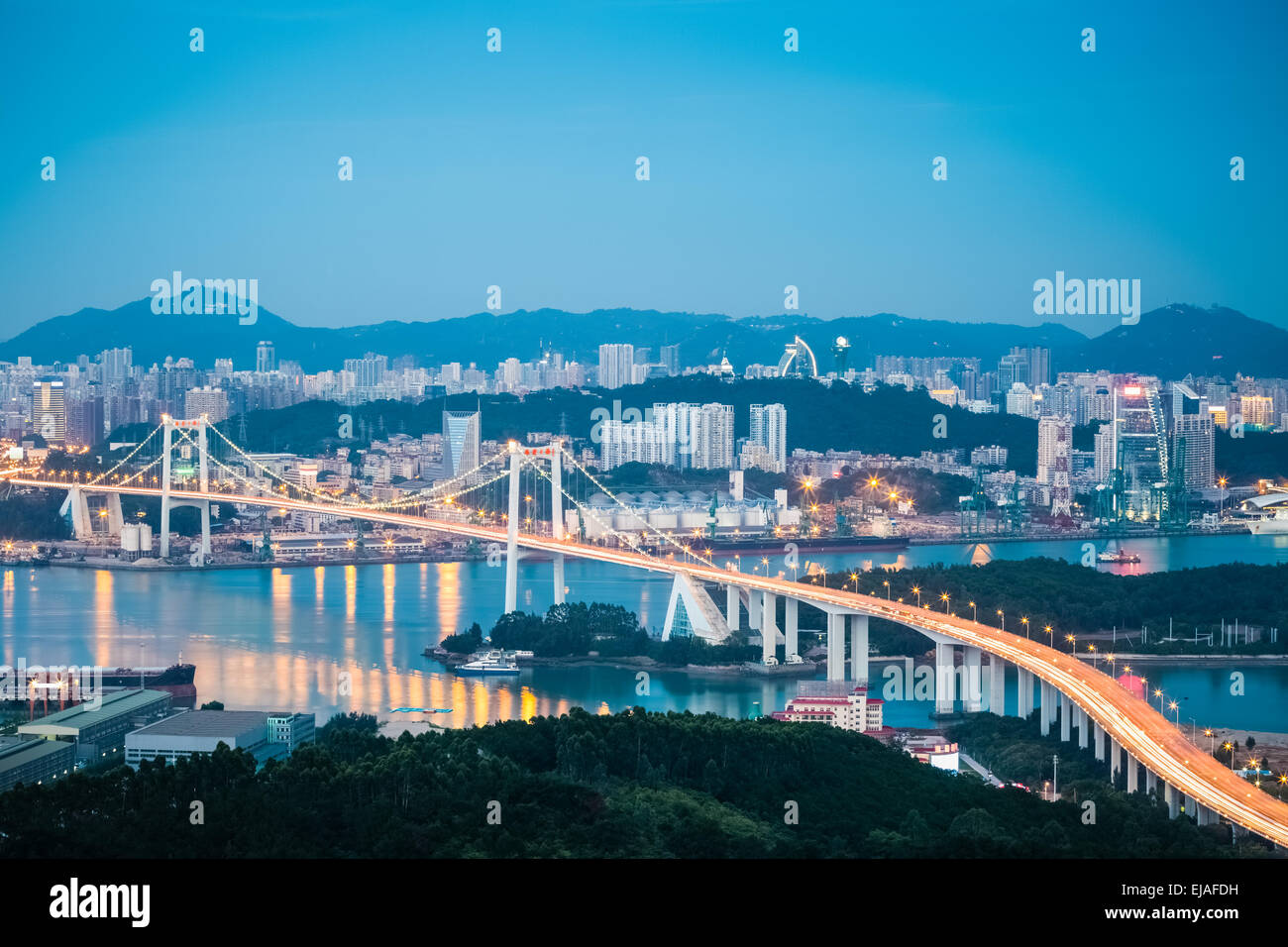 aerial view of xiamen haicang bridge in nightfall Stock Photo - Alamy