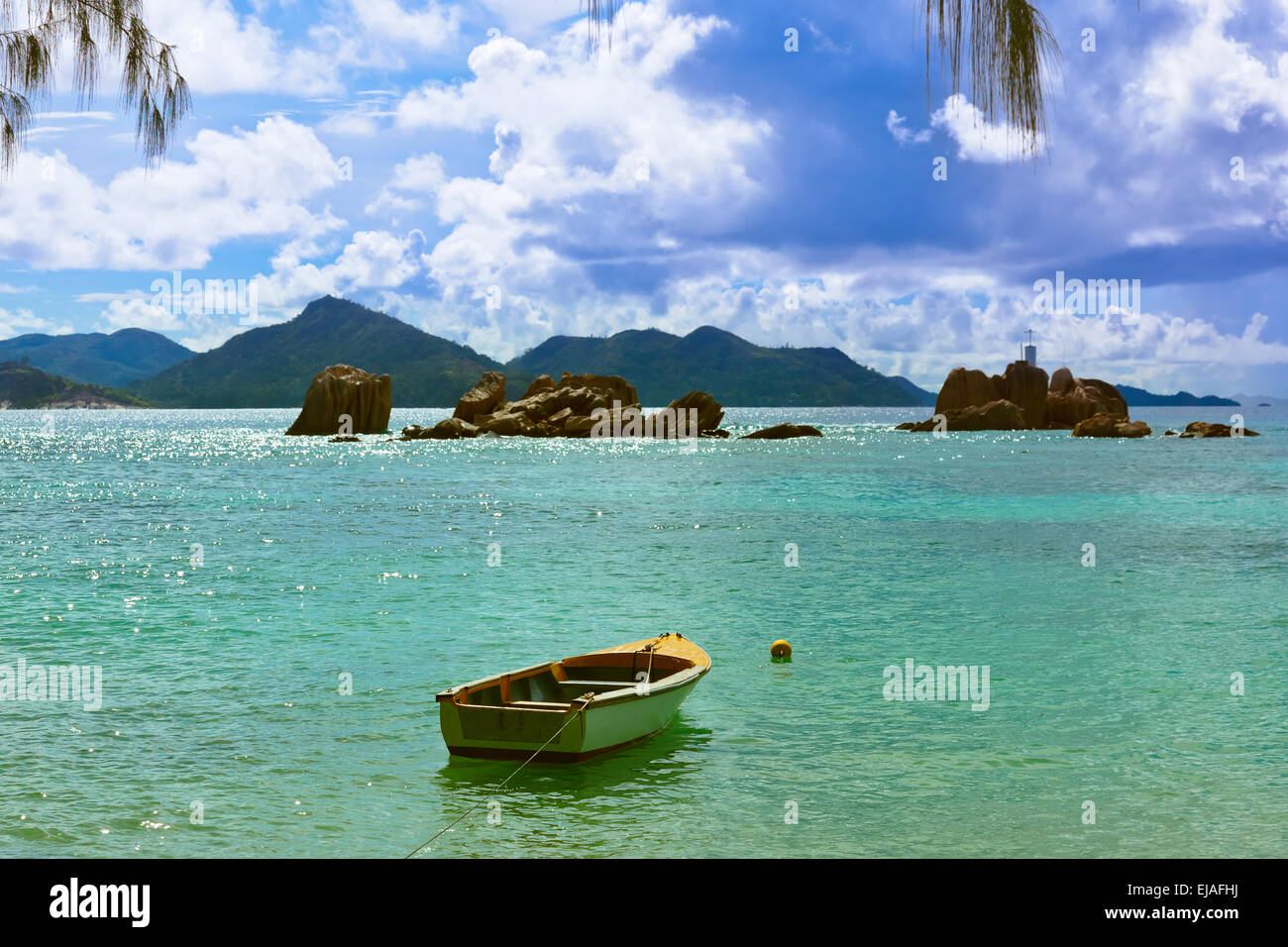 Tropical island and boat Stock Photo - Alamy