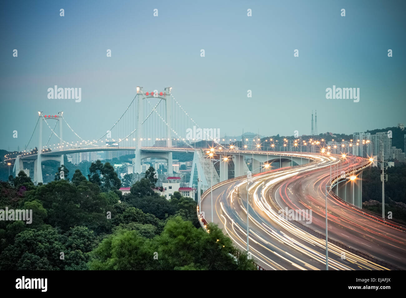 beautiful xiamen haicang bridge in nightfall Stock Photo - Alamy