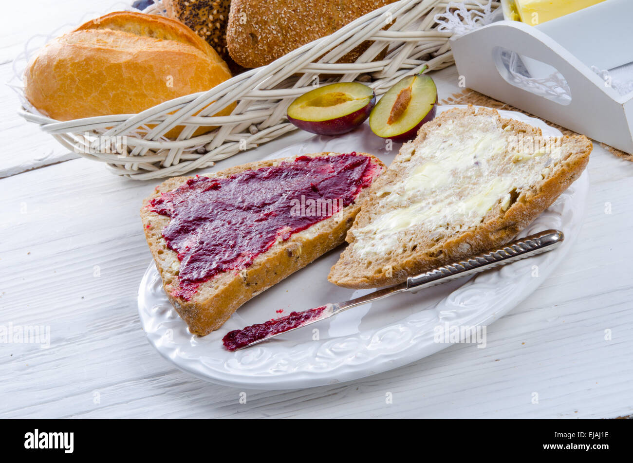 breakfast with plum jam Stock Photo - Alamy
