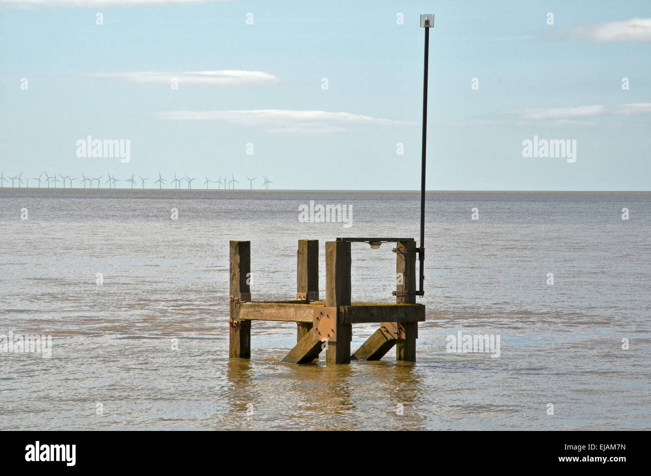 Remains of a pier standing in the Solway Firth at Silloth, Cumbria ...