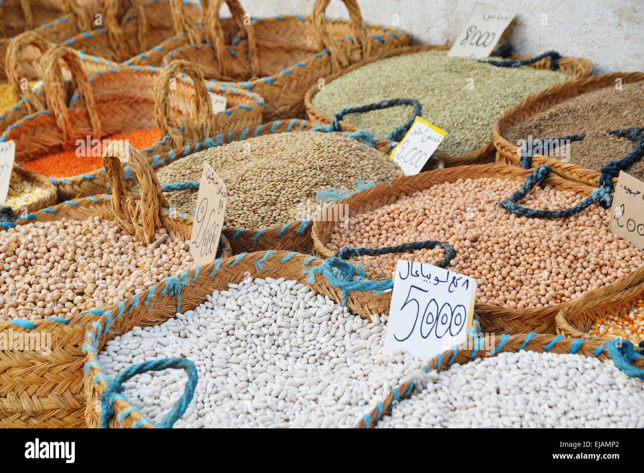 Grain food and spices in Arabic store Stock Photo - Alamy