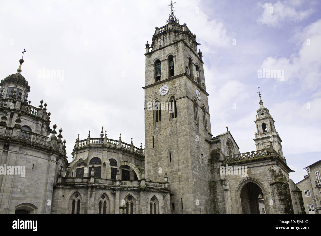 Cathedral tower in Spain with blue sky, construction and architecture ...