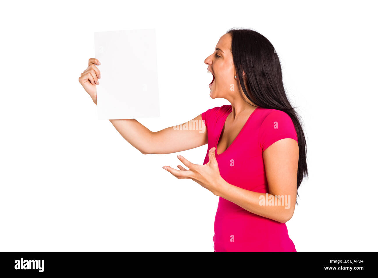 Angry woman shouting at piece of paper Stock Photo - Alamy