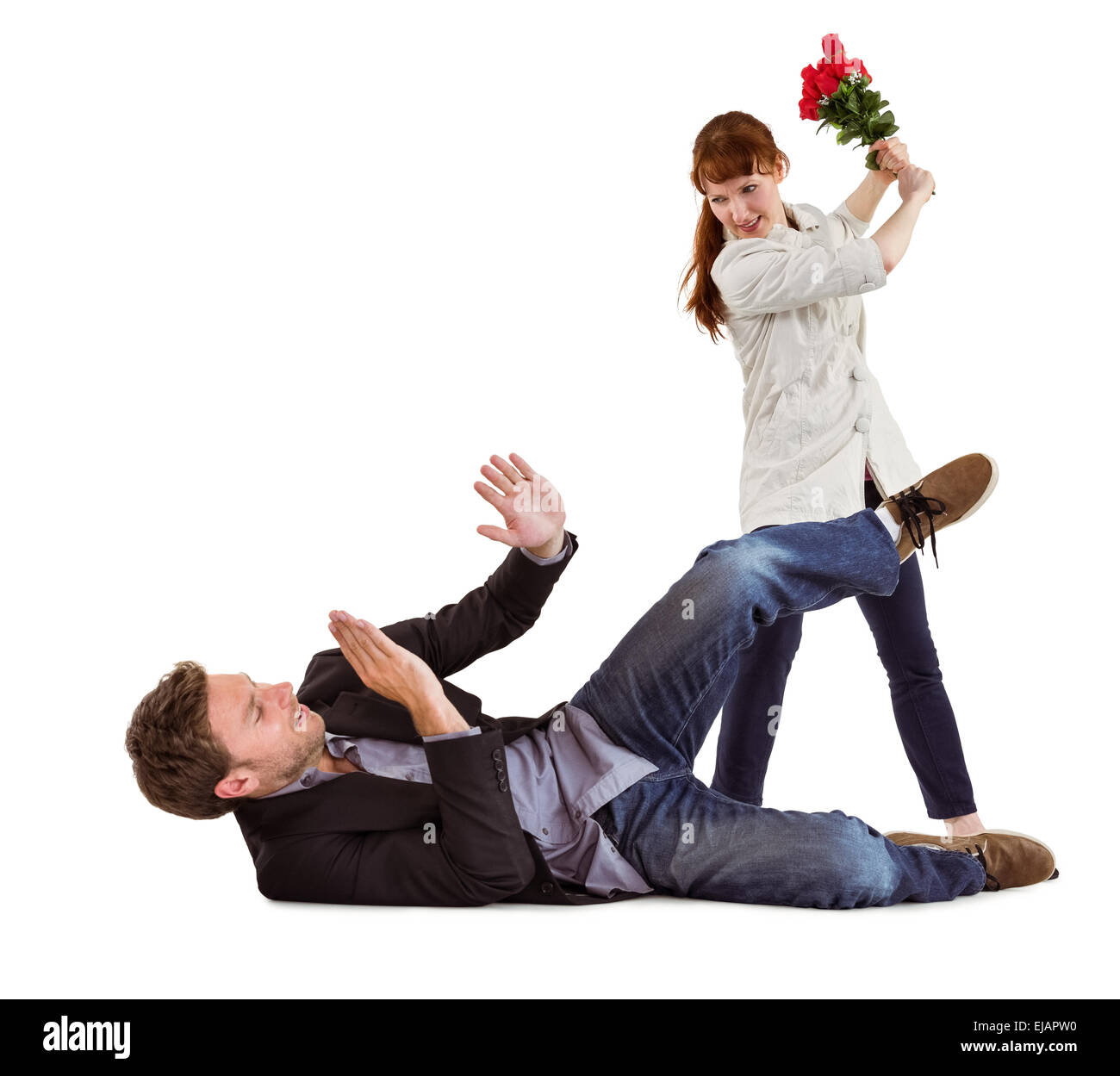 Woman throwing roses at man Stock Photo - Alamy