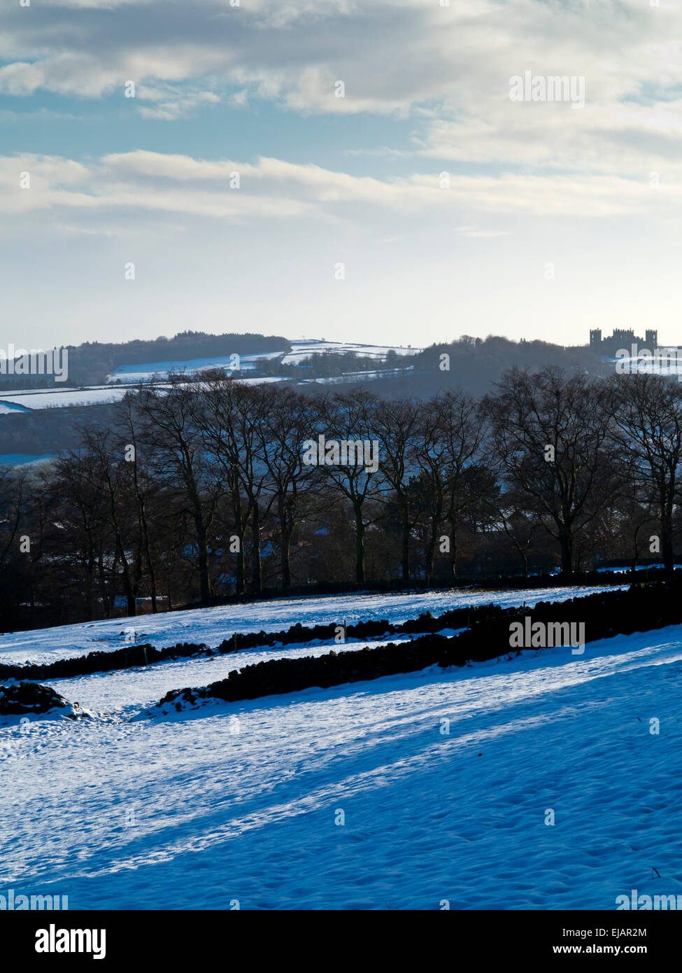 Snow covered winter landscape near Matlock in Peak District Derbyshire ...