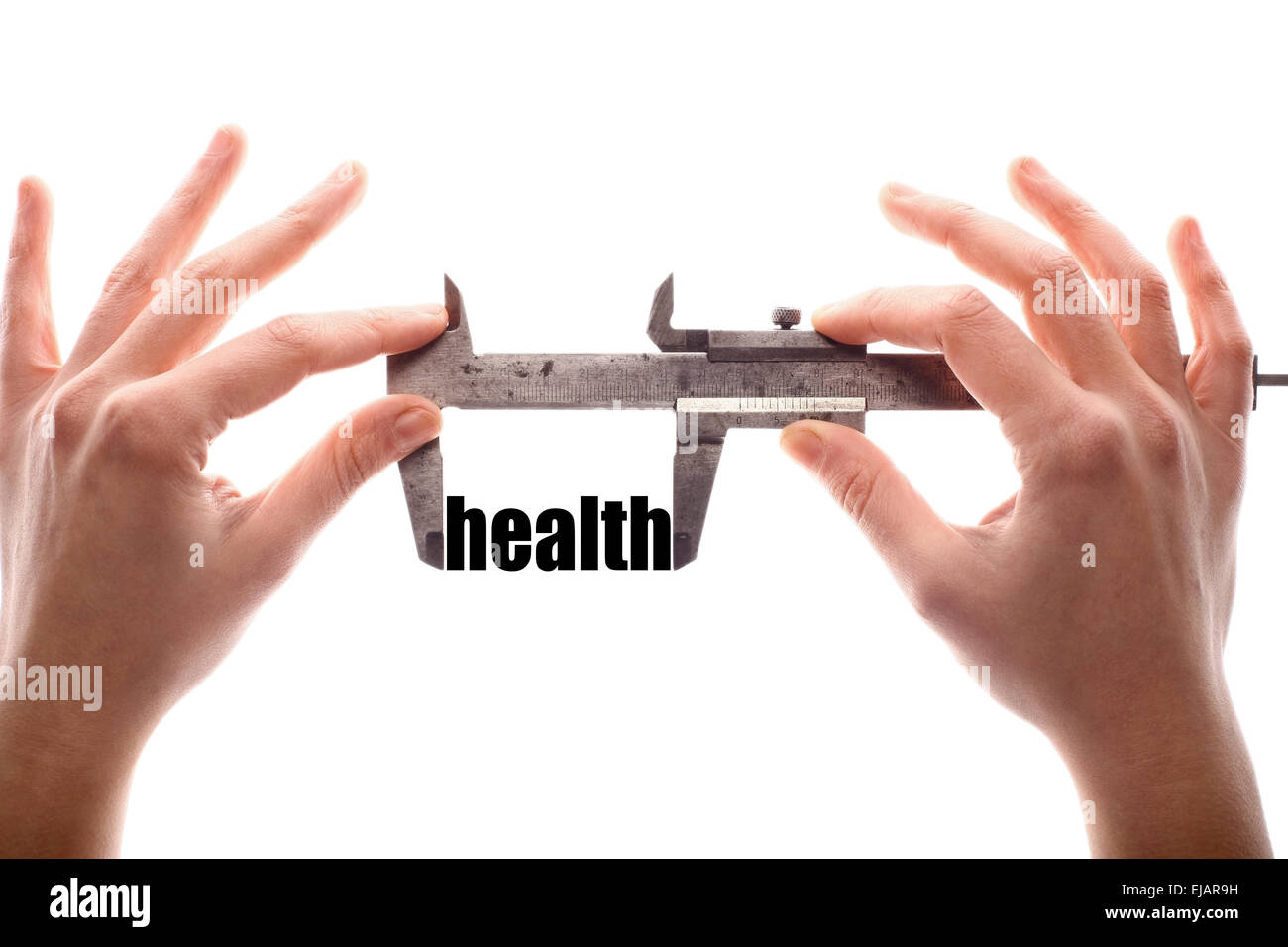 Color horizontal shot of two hands holding a caliper and measuring the ...