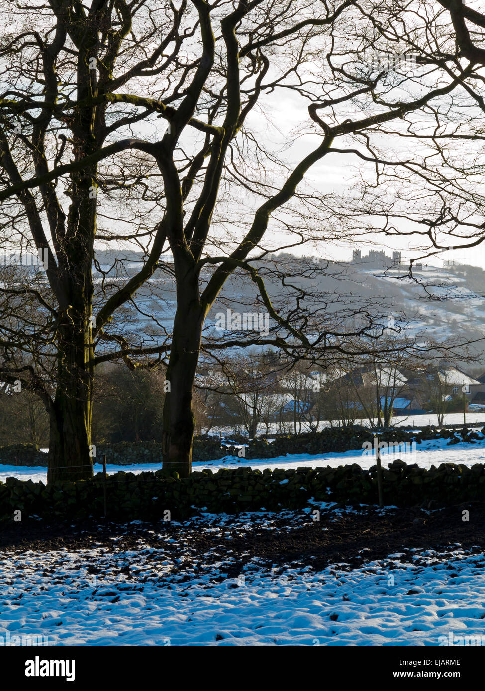 Snow covered winter landscape near Matlock in Peak District Derbyshire ...