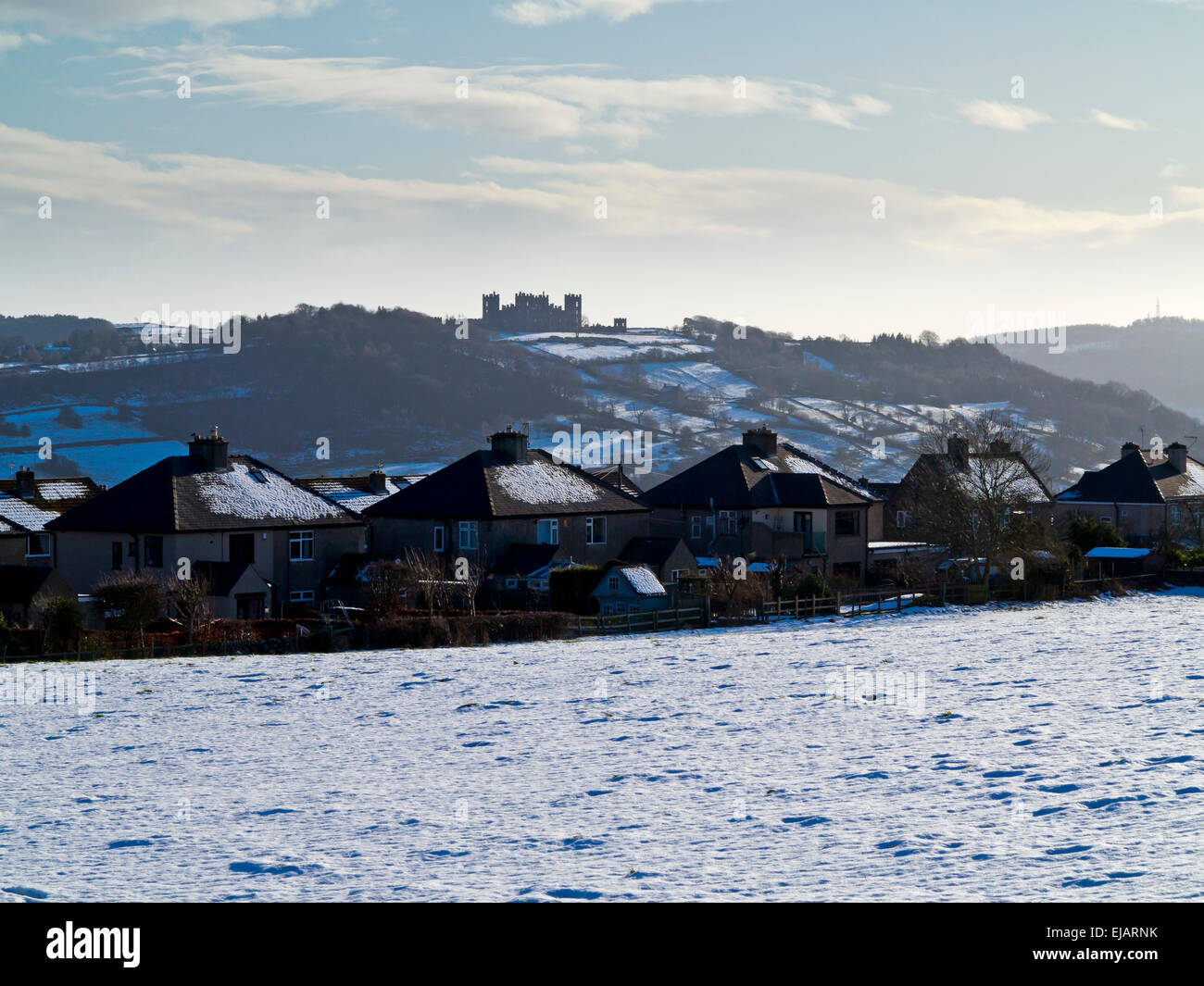 Snow covered winter landscape near Matlock in Peak District Derbyshire ...