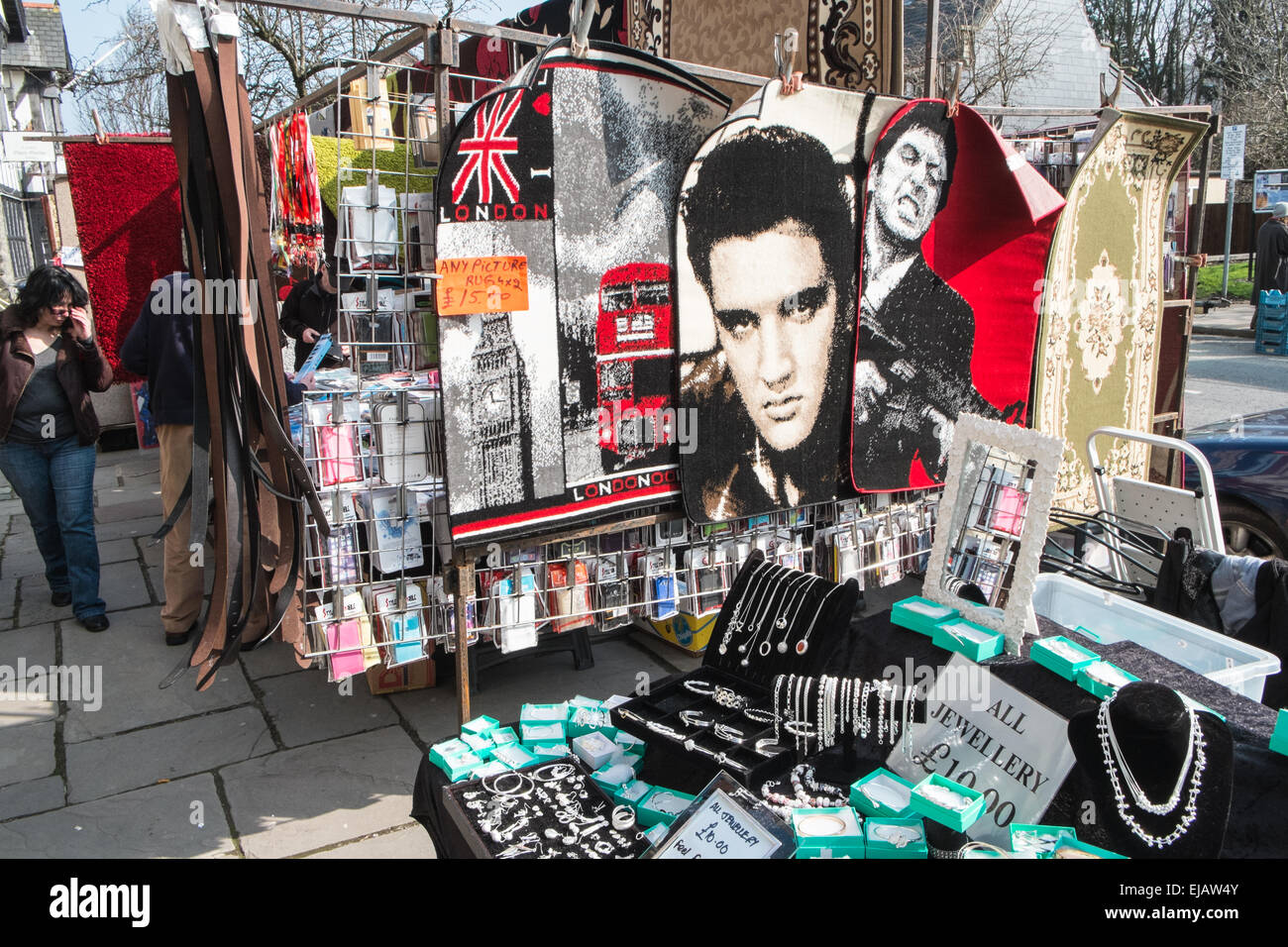 Elvis rug and jewellery at these stalls,Machynlleth market town on ...