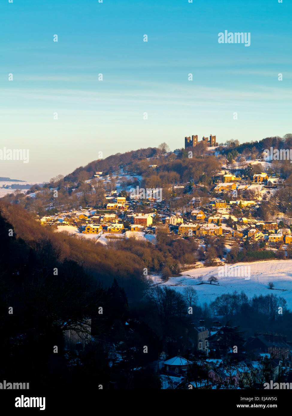 Winter landscape view of Riber Castle and Starkholmes village near ...