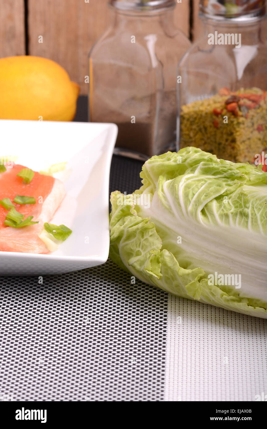 Slice of red fish salmon and fresh cabbage Stock Photo - Alamy