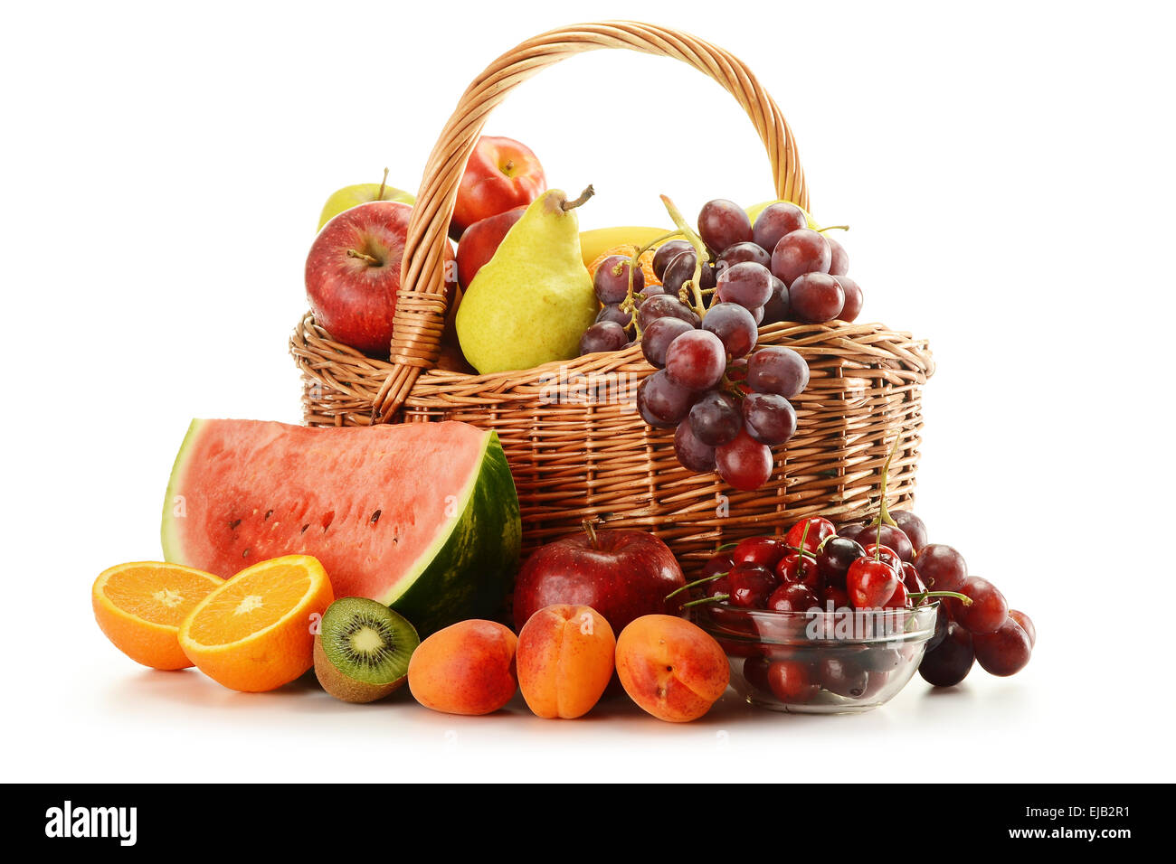 Fruits and wicker basket Stock Photo - Alamy