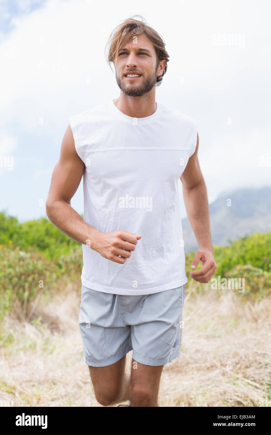 Attractive man jogging on mountain trail Stock Photo - Alamy