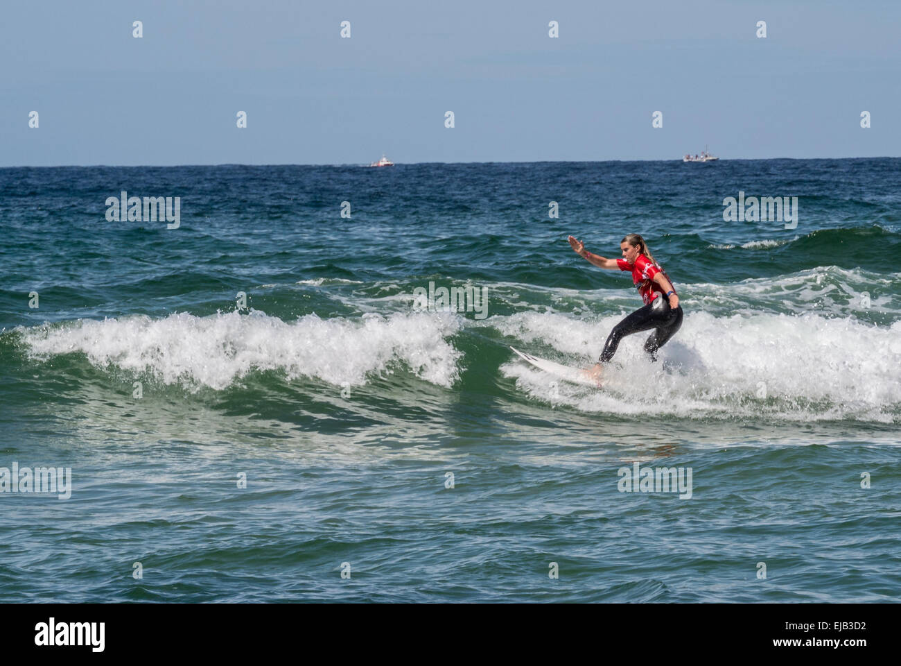 Pro female surfer in action in the sea at the Boardmasters surf ...