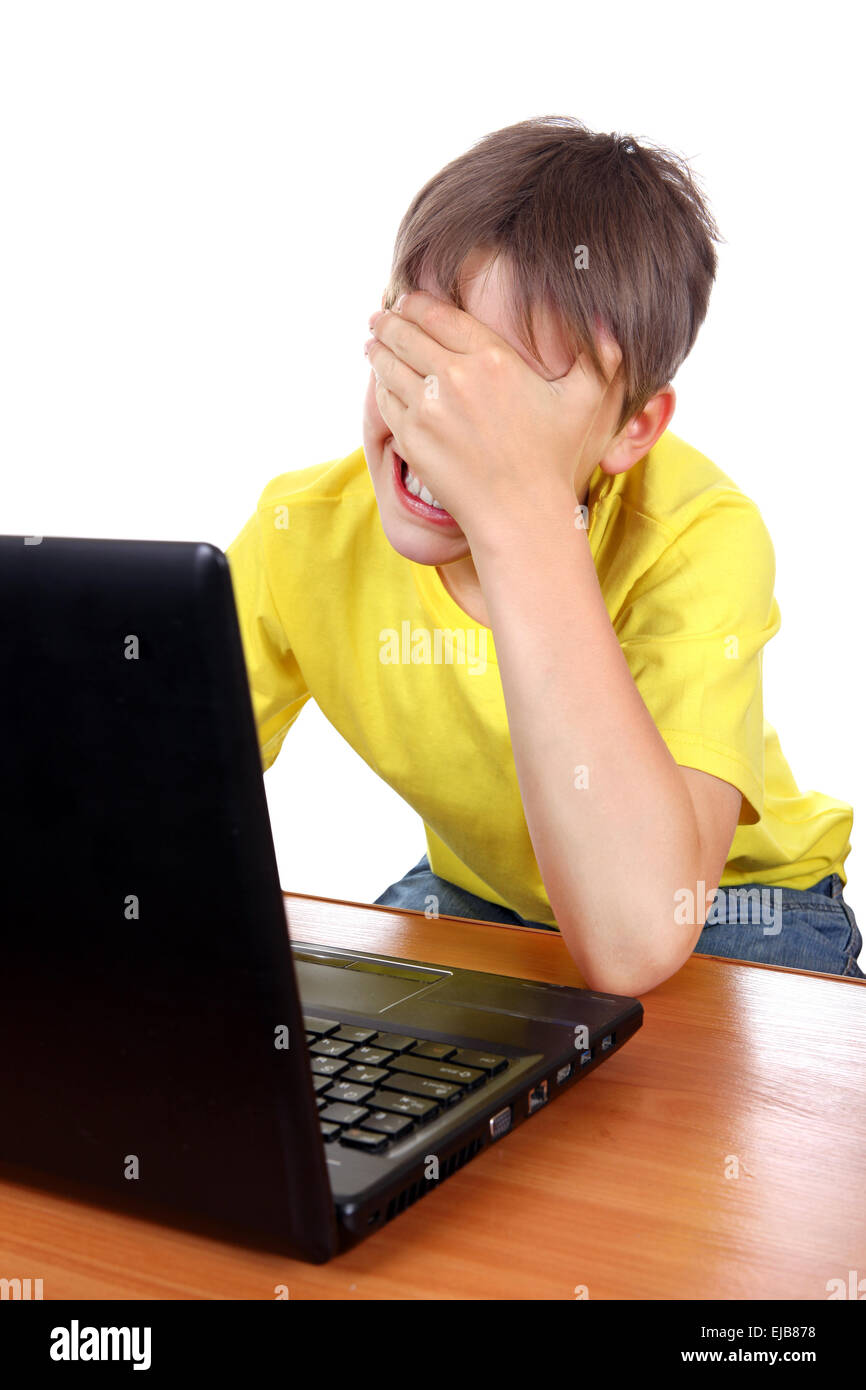 Sad Kid with Laptop Stock Photo - Alamy