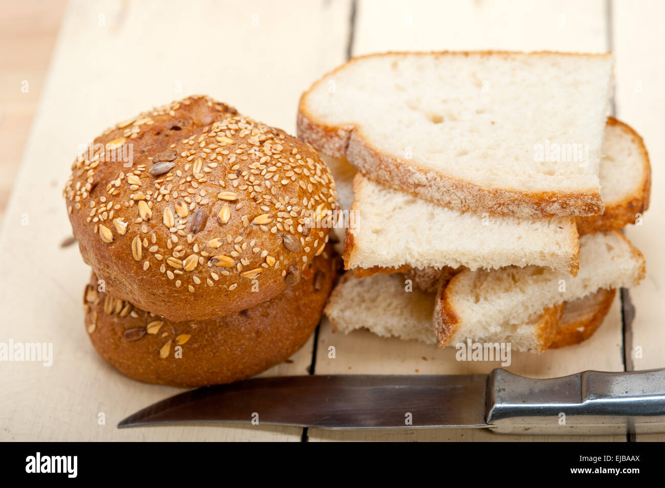 organic bread over rustic table Stock Photo - Alamy