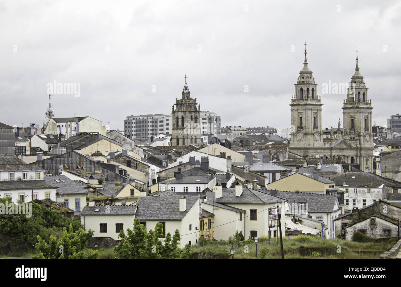Spanish Town with cathedral and old houses, construction and ...