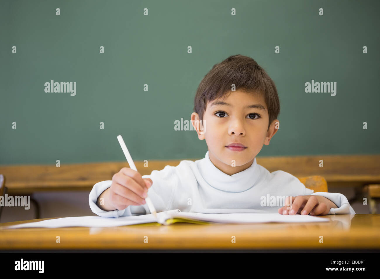 Happy pupil writing in notepad at desks Stock Photo - Alamy