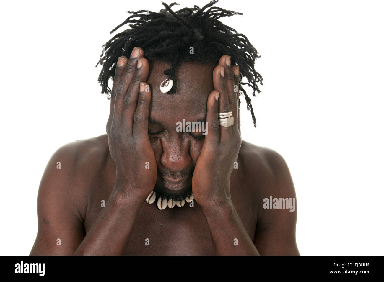 sad african over a white background Stock Photo - Alamy
