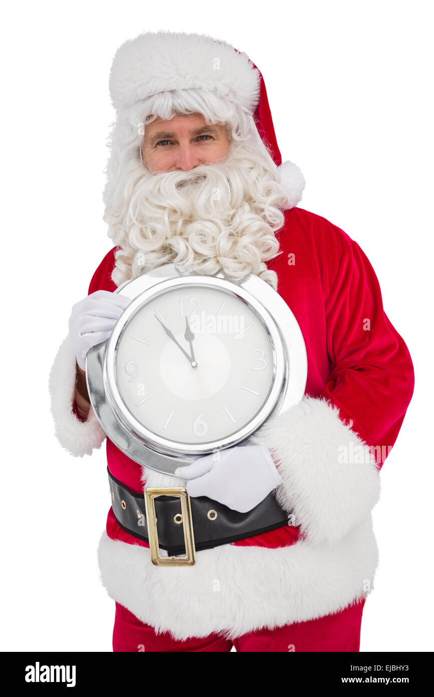 Happy santa holding a clock Stock Photo - Alamy