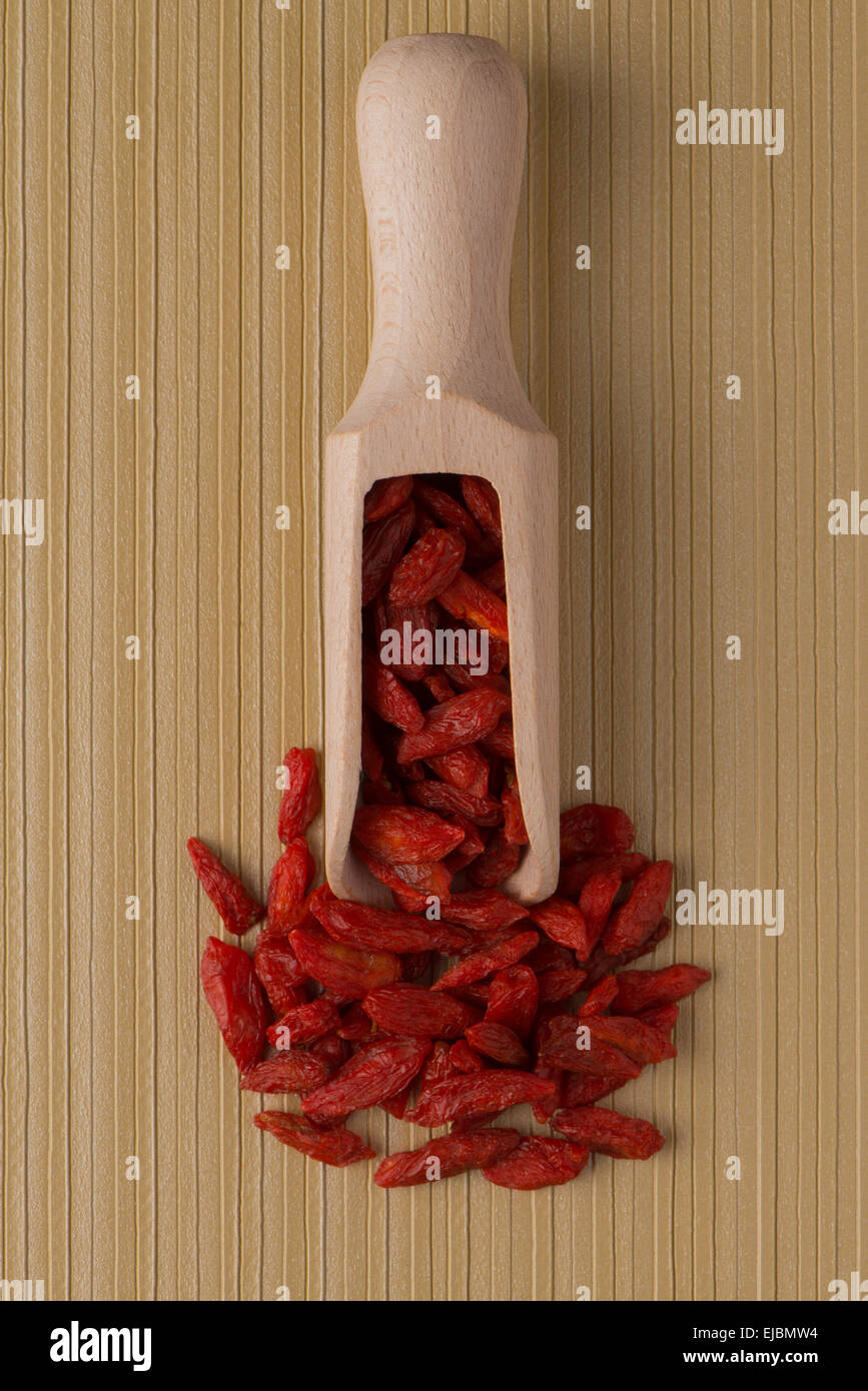 Top view of wooden scoop with dry red goji berries against yellow vinyl ...
