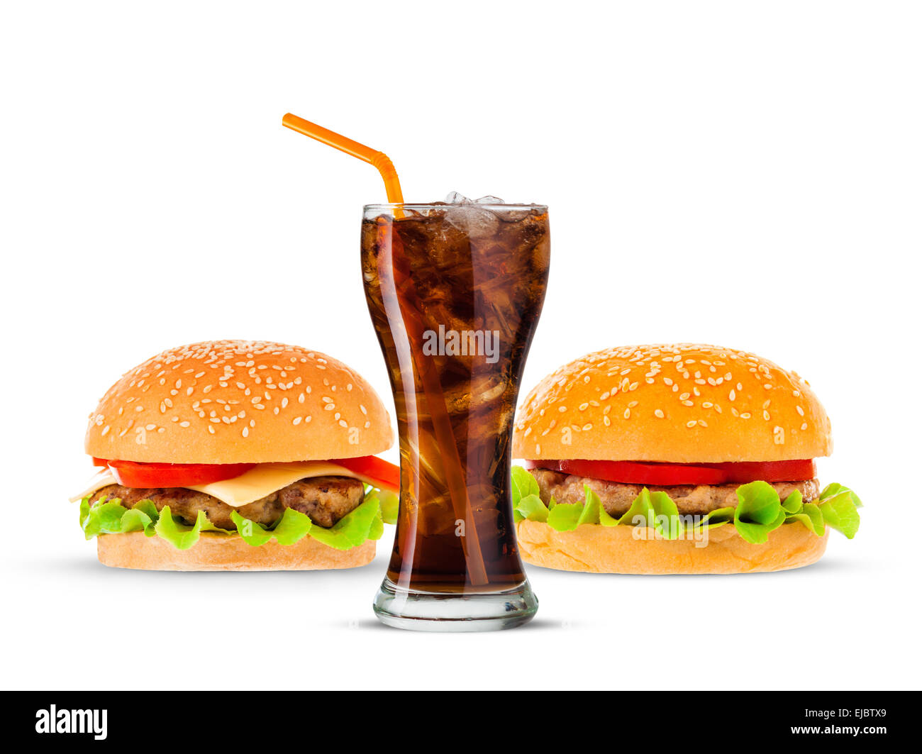 Cola and Big hamburger on white background Stock Photo - Alamy