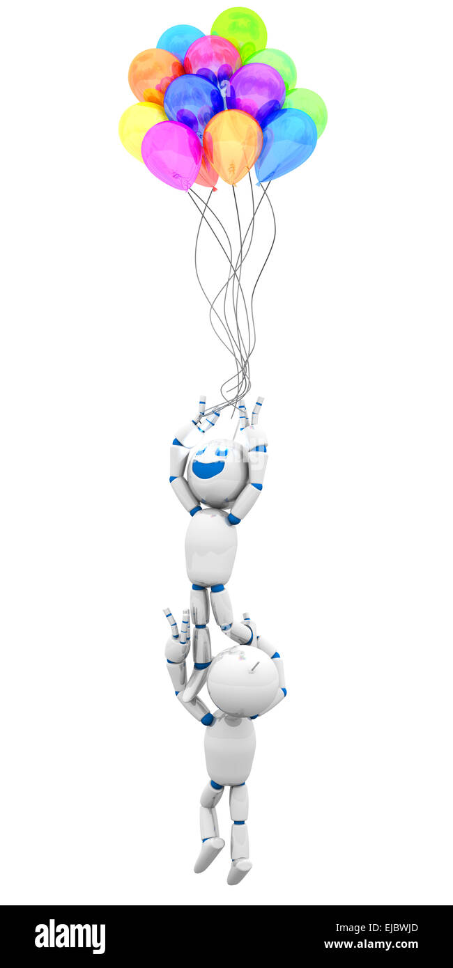 Cartoon Robot flying away with Balloons Stock Photo - Alamy