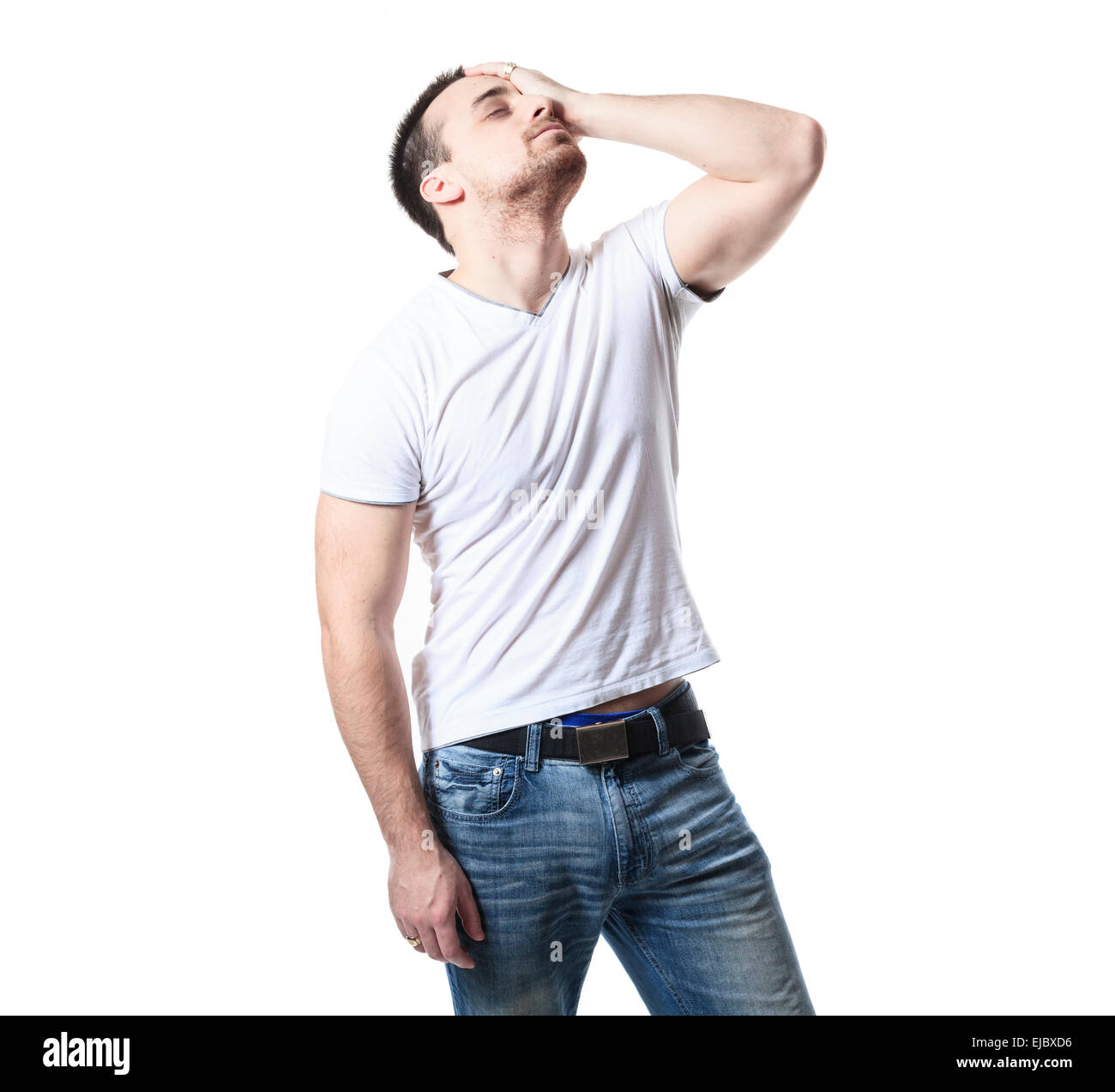 A man having a disturbing problem over white Stock Photo - Alamy